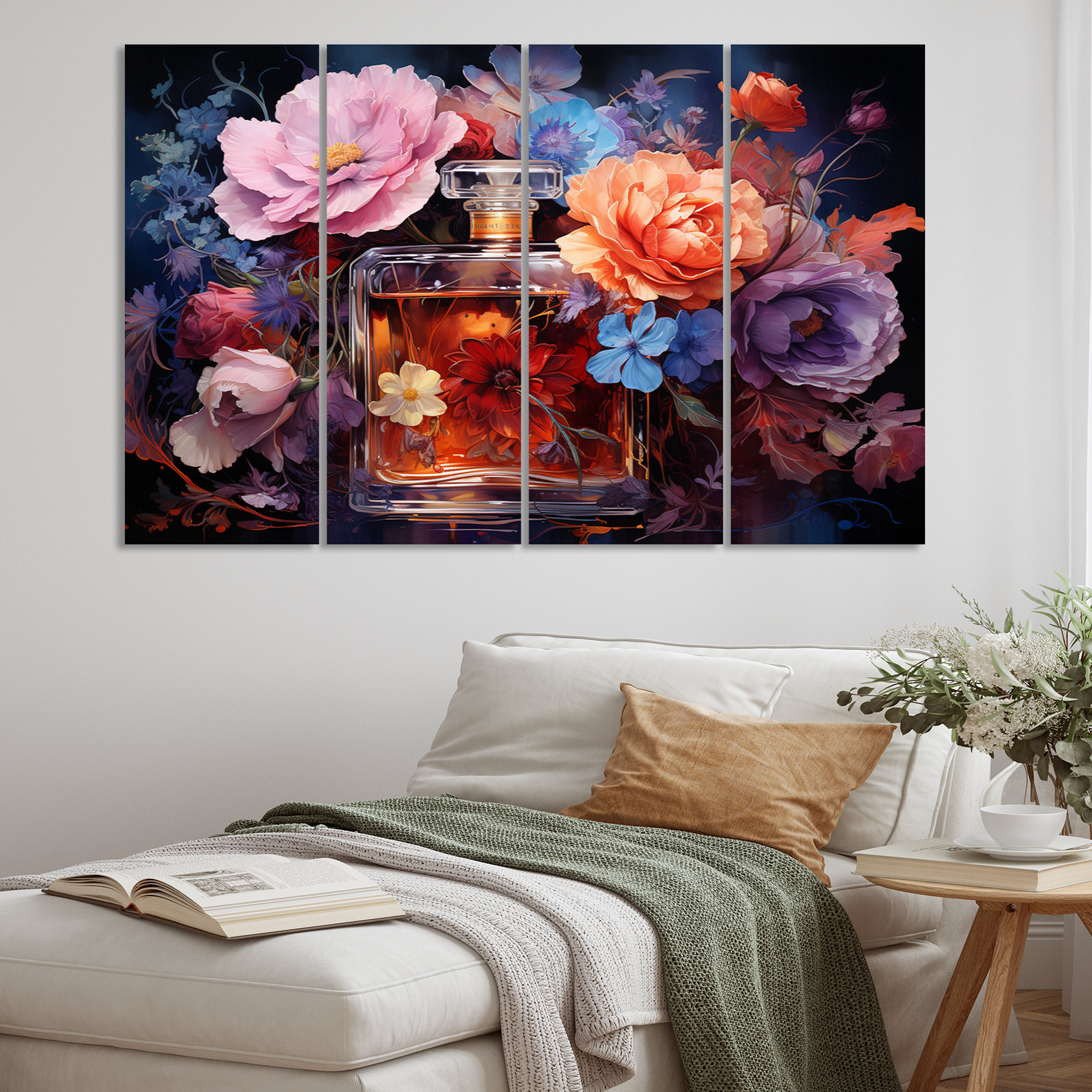 Design Art Floral Perfume Vibrant Elegance I - Fashion Canvas Print - 4 Panels | Wayfair